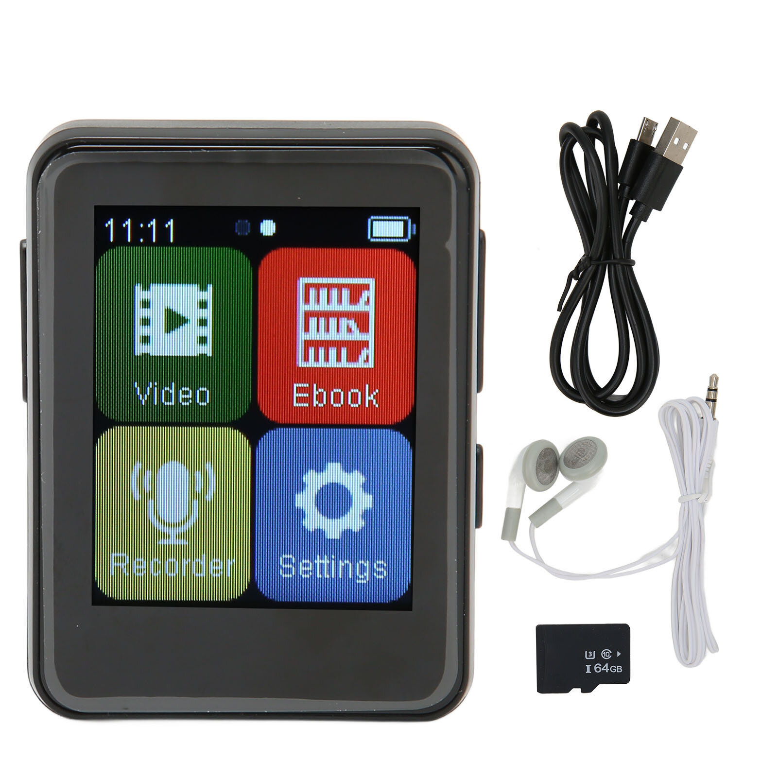 MP3 -плеер Bluetooth 5.0 Intelligent HD -шумоудача FM Radio Electric Book 1.8inch Полный сенсорный экран MP3 -плеер Black 64 ГБ карты памяти