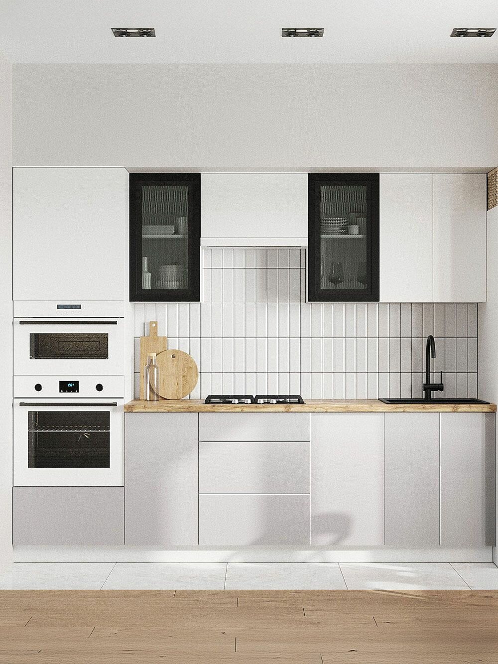 Кухонный гарнитур Тандем 2.6 м, мебель для дома и кухни, Белый / Черный матовый / Нео