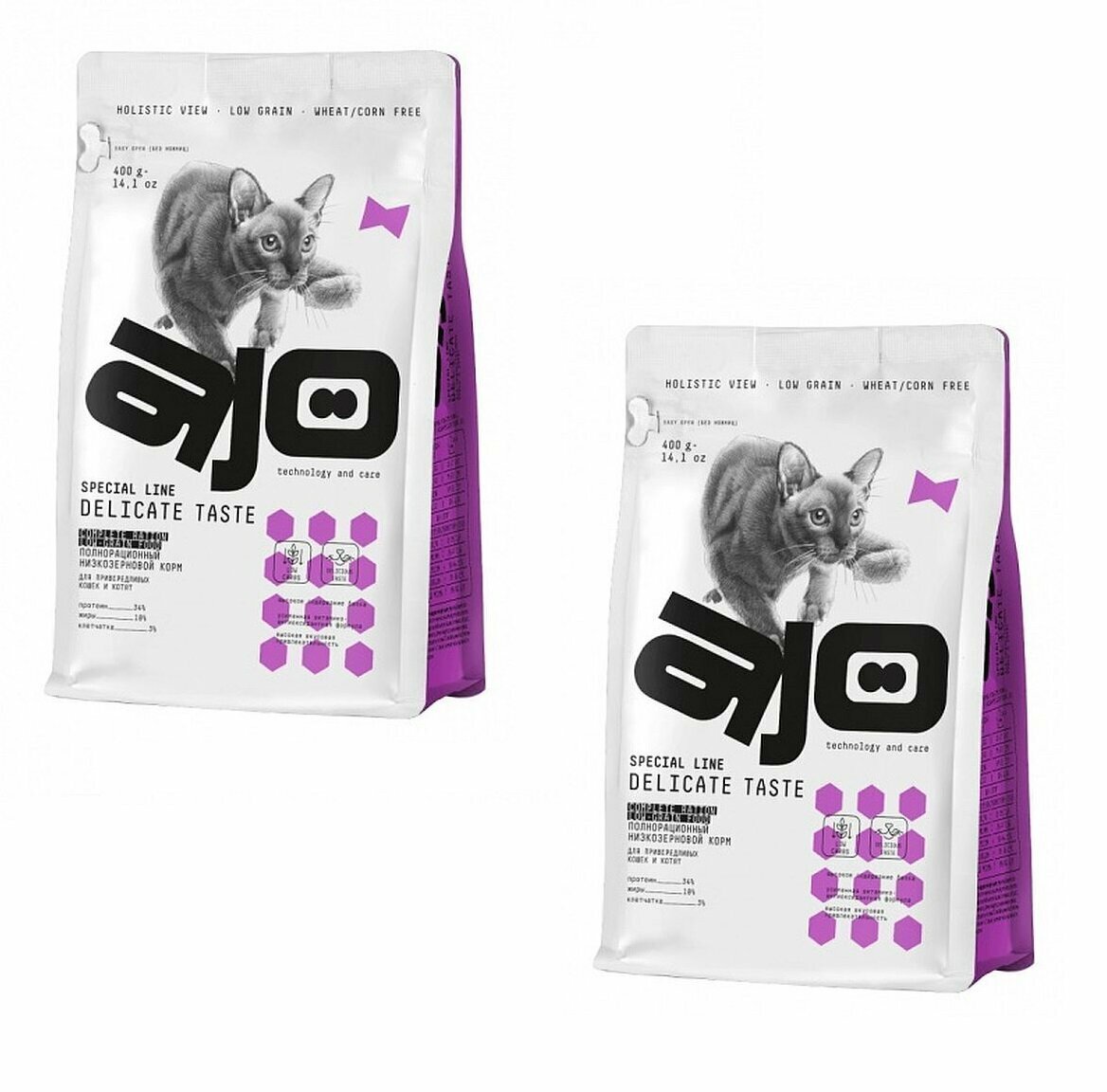 Сухой полнорационный корм AJO Cat Delicate Taste для привередливых кошек и котят с индейкой 400г, 2шт