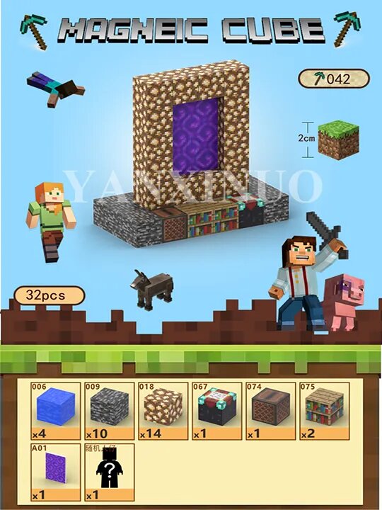 Магнитный конструктор Майнкрафт(Minecraft)/Комплект из 32 магнитных блоков и 1 фигурки