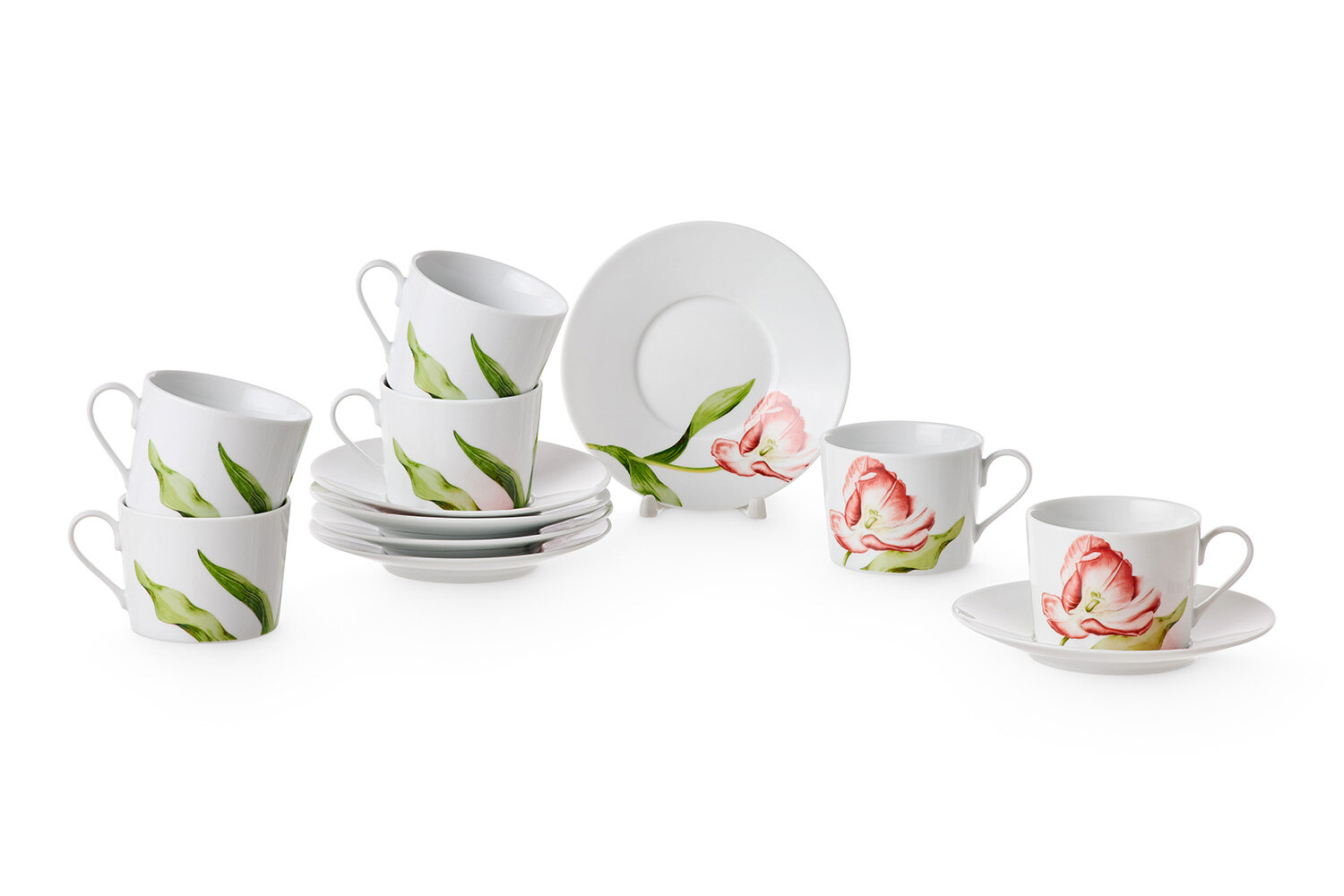 Набор чайных пар EVIO Tulip, на 6 персон, 12 предметов, белый/розовый/зелёный/тюльпаны