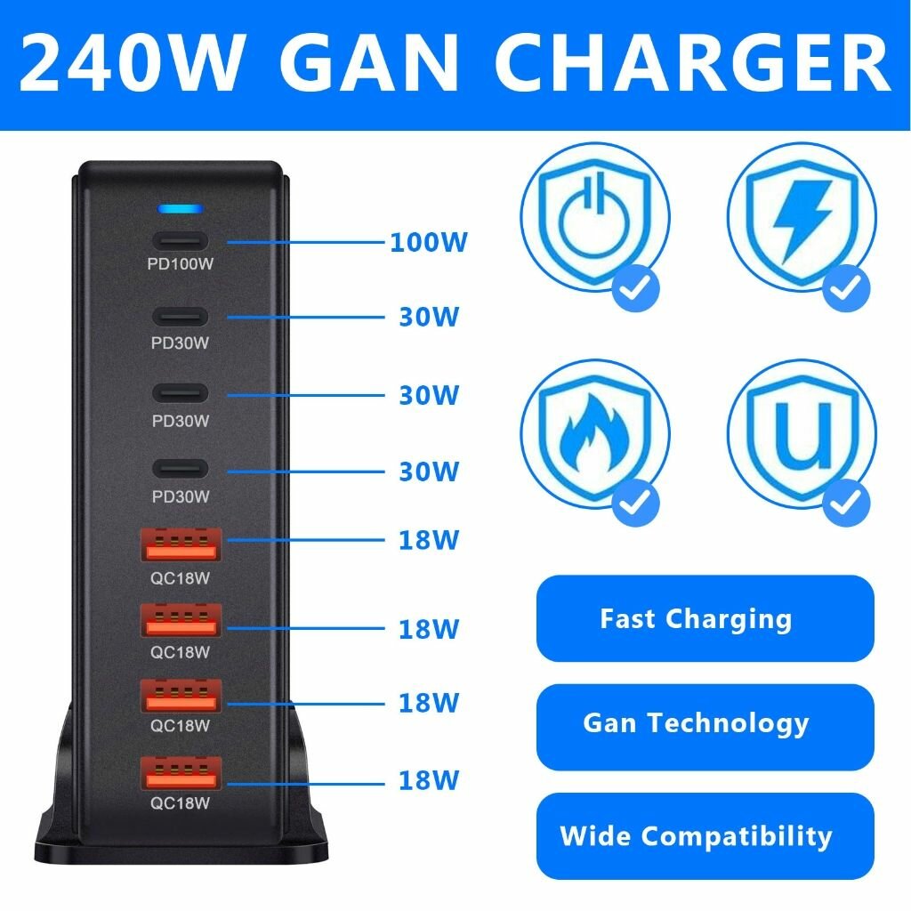 240W USB C Зарядная Станция на 8 Портов