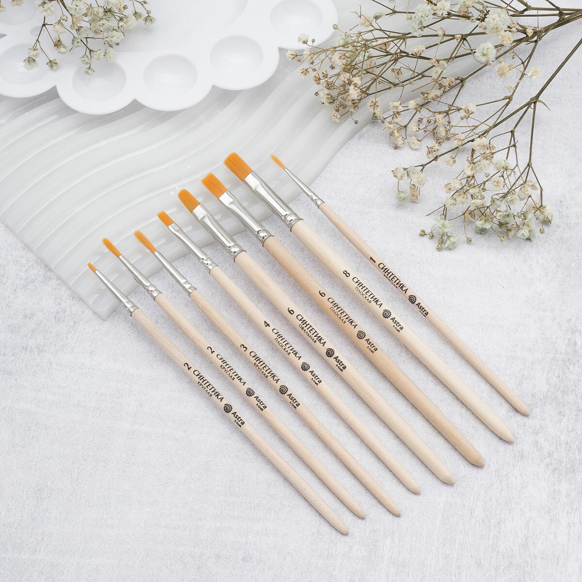 Кисточки для рисования, синтетика, 8 шт (плоская №4,6,8, круглая №1,2,3, круглая 5мм №2, овальная №6), Astra&Craft