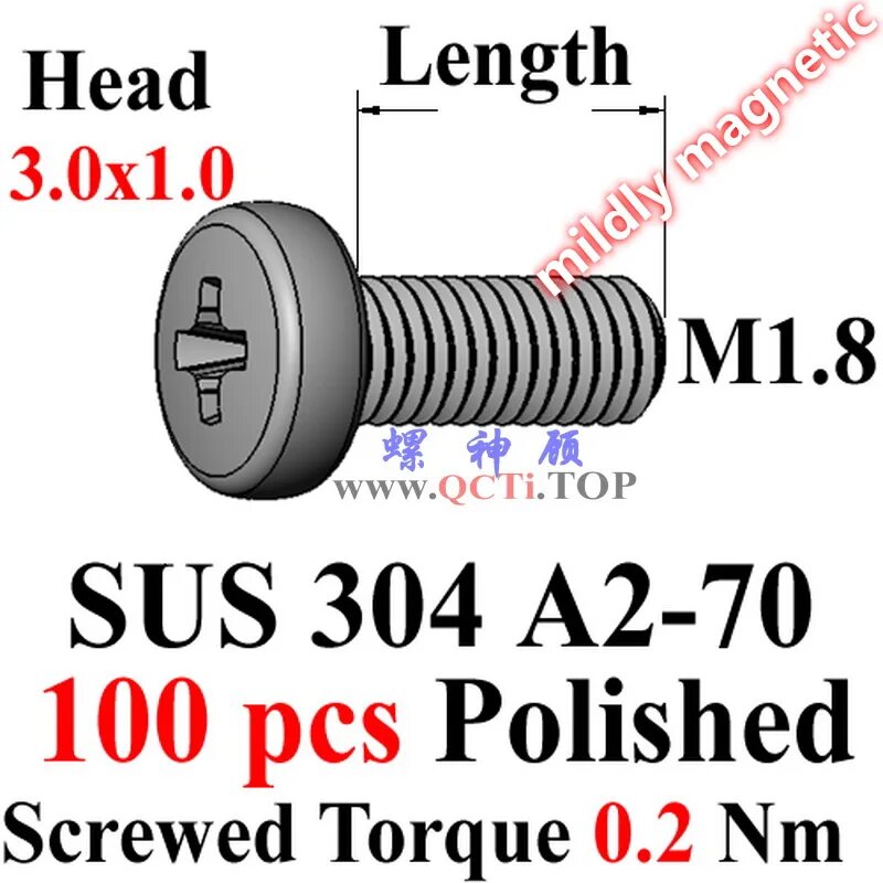 100 шт. Винты M1.8 QCTI из нержавеющей стали PanHead, 5 мм