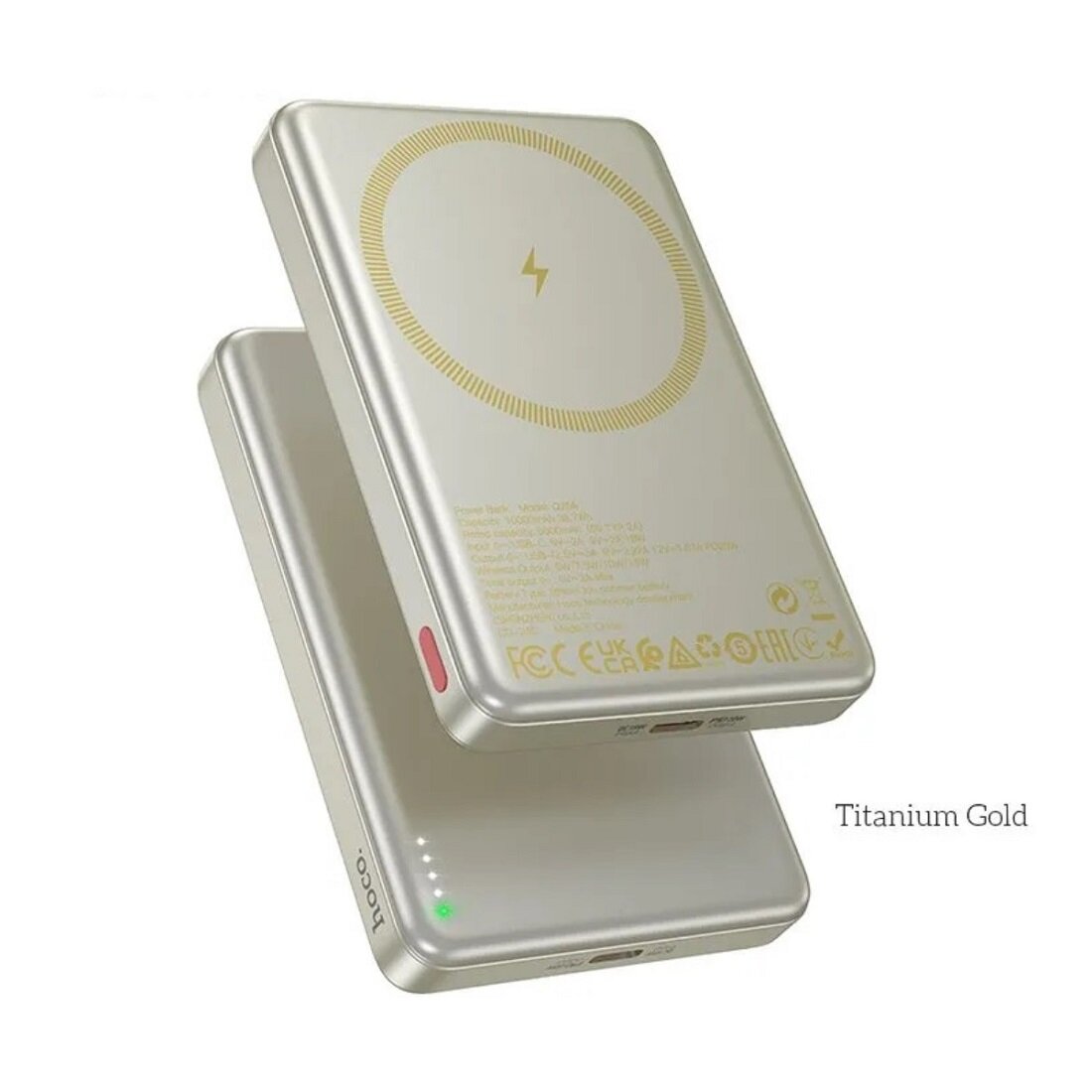 Внешний магнитный беспроводной аккумулятор Hoco Joy Aluminum alloy Q26A, 10000 mAh, Qi15W/PD20W, titanium gold