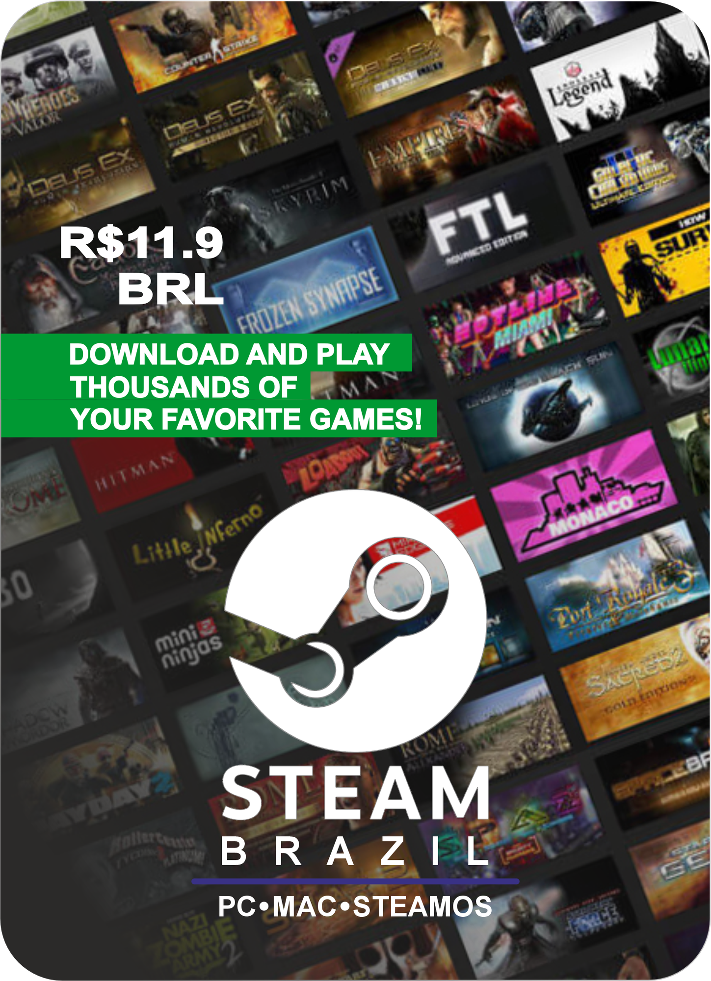 Подарочная карта Steam 11.9 R$ Бразилия / Gift Card Steam 11.9 R$ Brazil