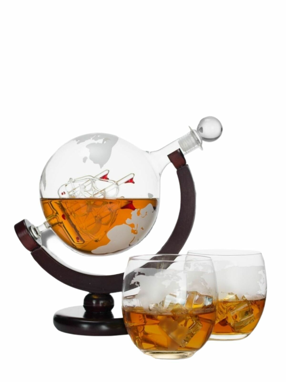 Декантер глобус, 800мл, с двумя бокалами и пробкой, гравировка карта мира, стеклянный корабль внутри