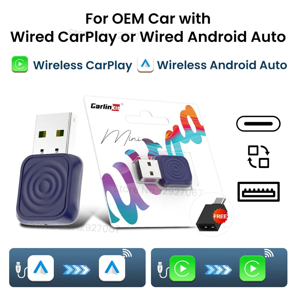 CarlinKit MINI Ultra Беспроводной адаптер CarPlay Android Auto Box Проводной к беспроводному USB Plug and Play Бесшовное соединение 5,8 ГГц