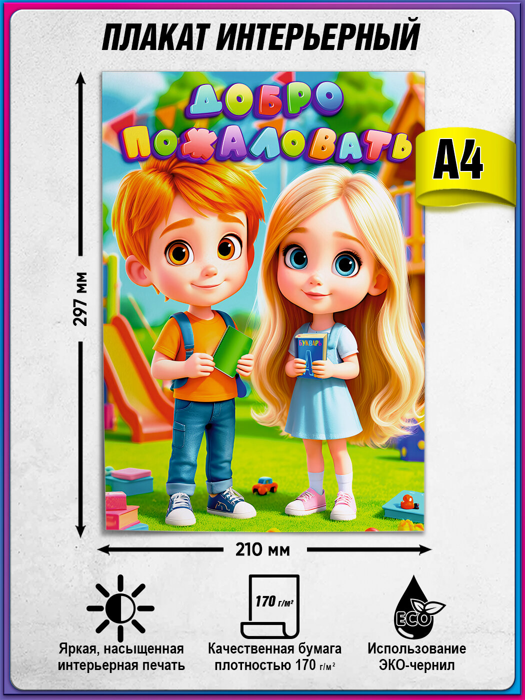 Плакат оформление детского сада / Постер для зонирования / Постер "Добро пожаловать!" / А-4 (21x30 см.)