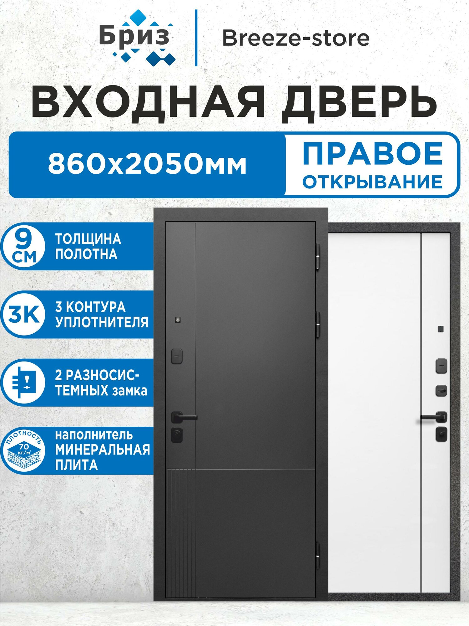 Входная дверь металлическая 9 см Штамп Нео МП 2050х860 Правая