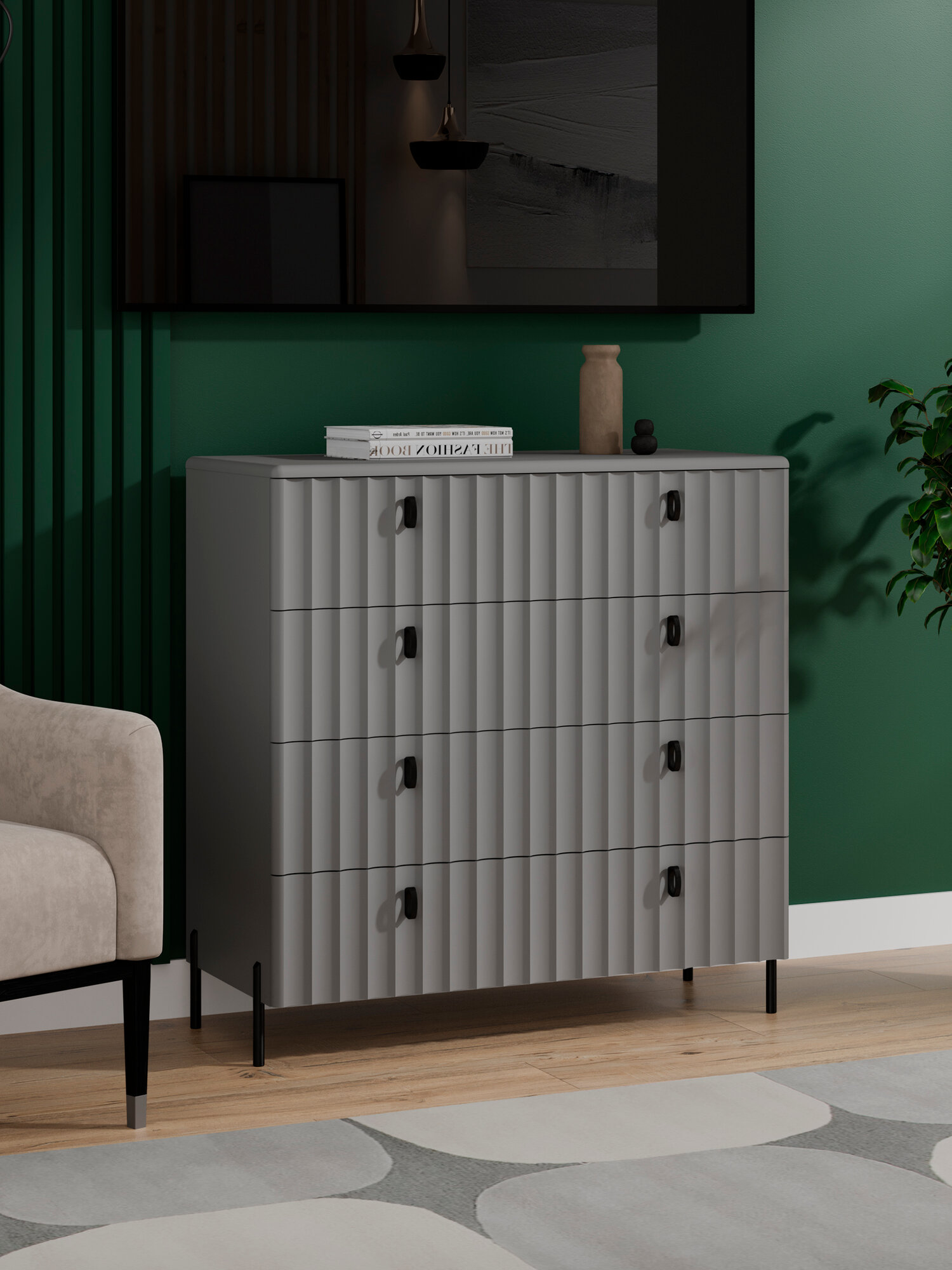 Комод Трия Тиффани, шариковые направляющие, 4 ящика, серый графит