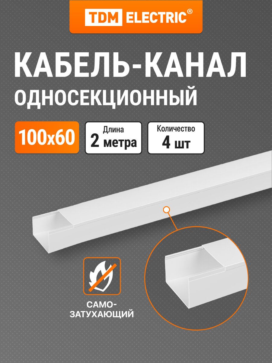 Кабель-канал белый 100х60, 2 метра, упаковка 4 штук TDM Electric