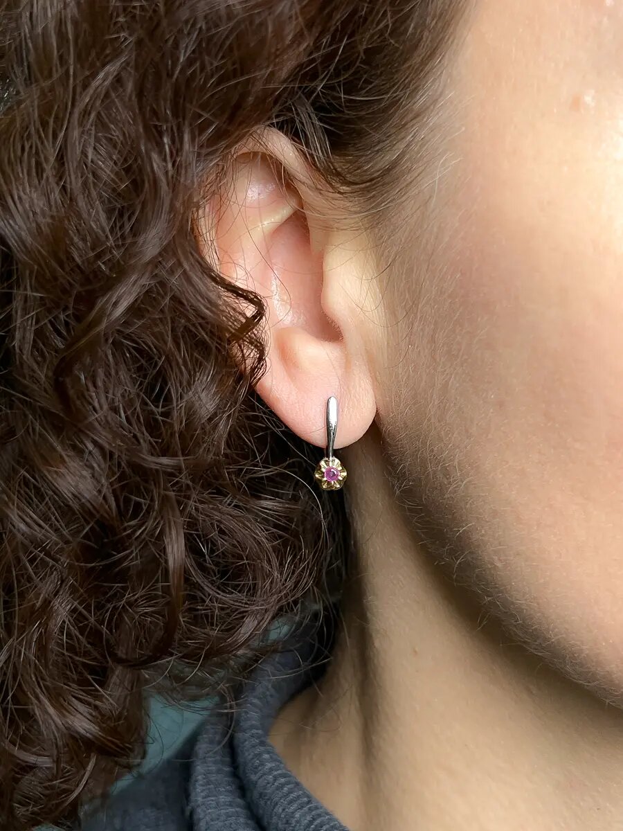 Серьги, серебро, 925 проба, золочение, рубин