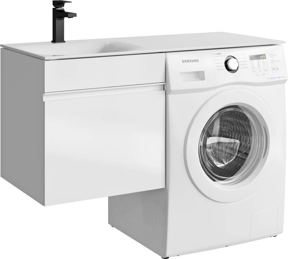 Тумба с раковиной Aqwella Duet 53 L подвесная, под стиральную машину, 115 см, белая, глянцевая, из ЛДСП, с ящиками, раковина для ванной из искусственного мрамора, прямоугольная
