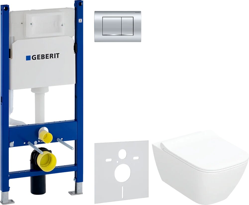Комплект Унитаз подвесной Geberit Smyle Square 500.685.01.1 с микролифтом / Инсталляция Duofix Delta 458.163.21.1 с кнопкой смыва, хром / Шумоизоляция