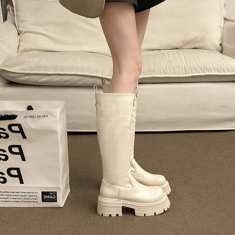 2025 осень-зима новые белые длинные сапоги на толстой подошве с толстым каблуком тонкие рыцарские сапоги маленького размера, высокие сапоги не выше колена