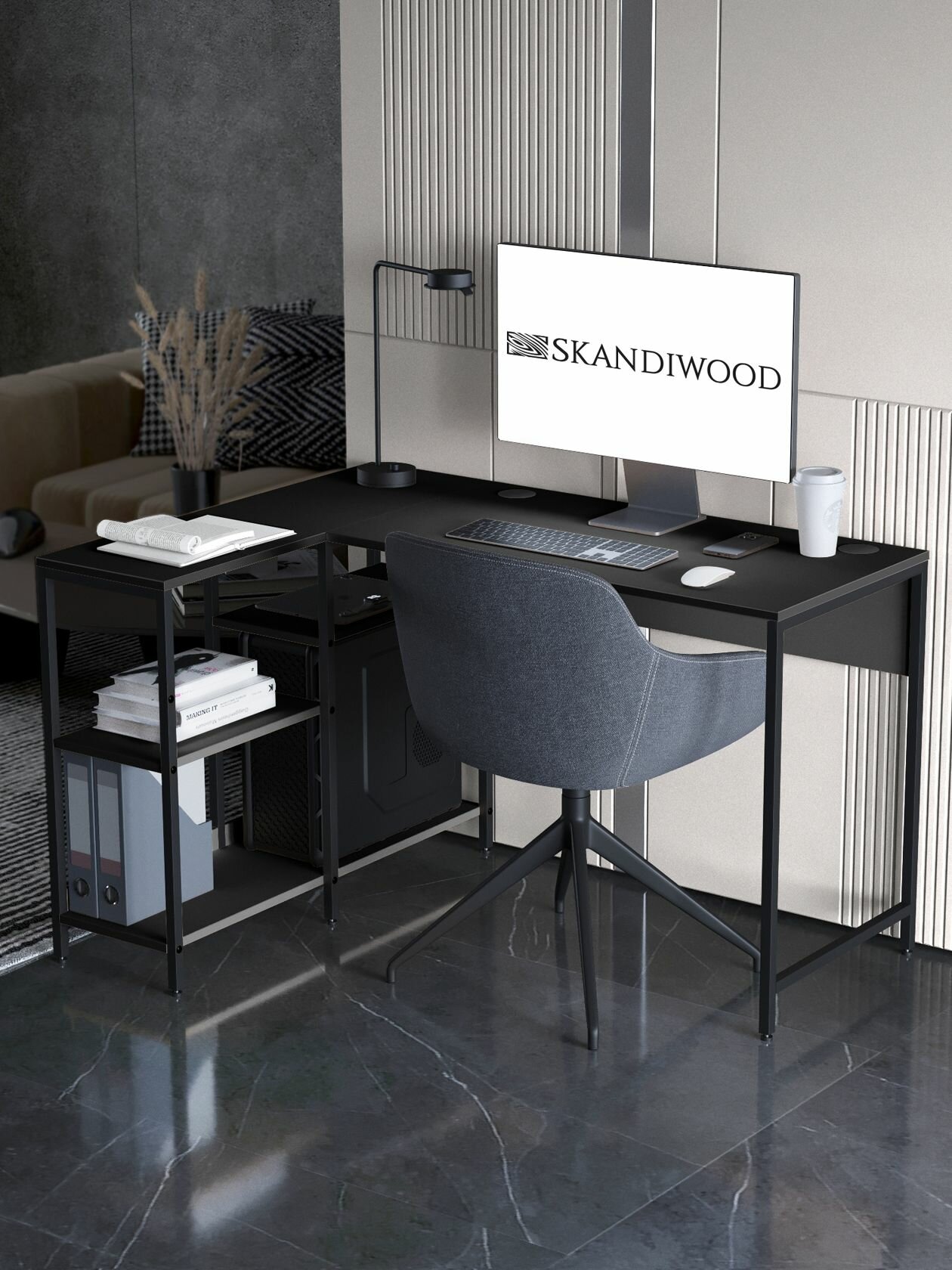 Стол письменный угловой, компьютерный, рабочий для дома, офиса и школьника SKANDIWOOD 123 х 93 х 75см, черный