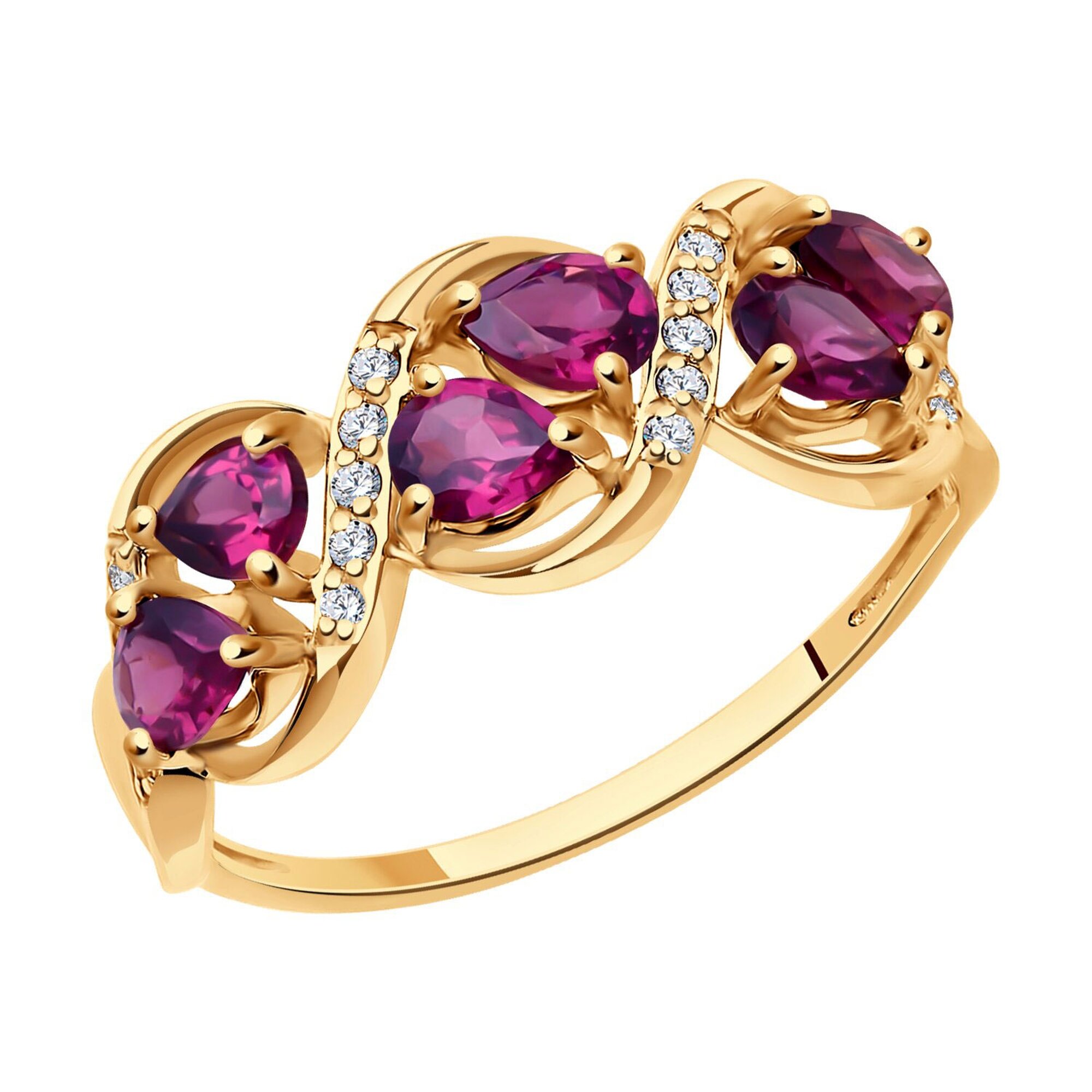 Кольцо, красное золото, 585 проба, фианит, родолит