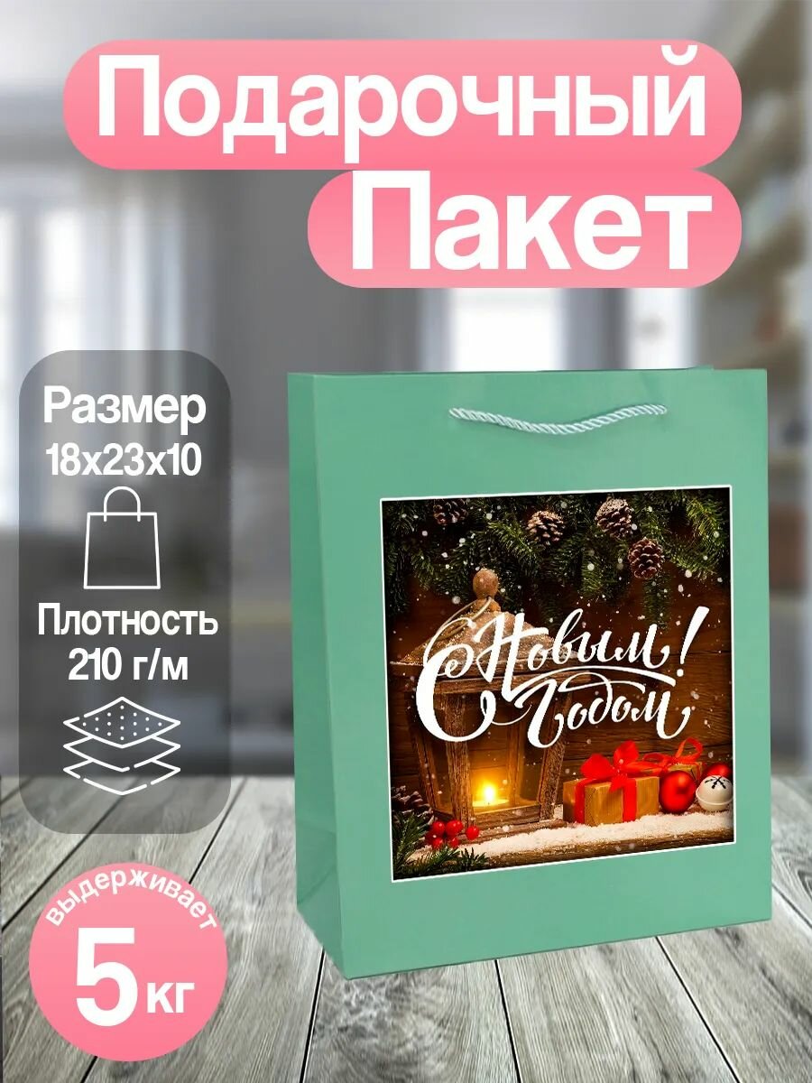 Подарочный пакет маленький зеленый новый год, упаковка для подарка, 18х23 см