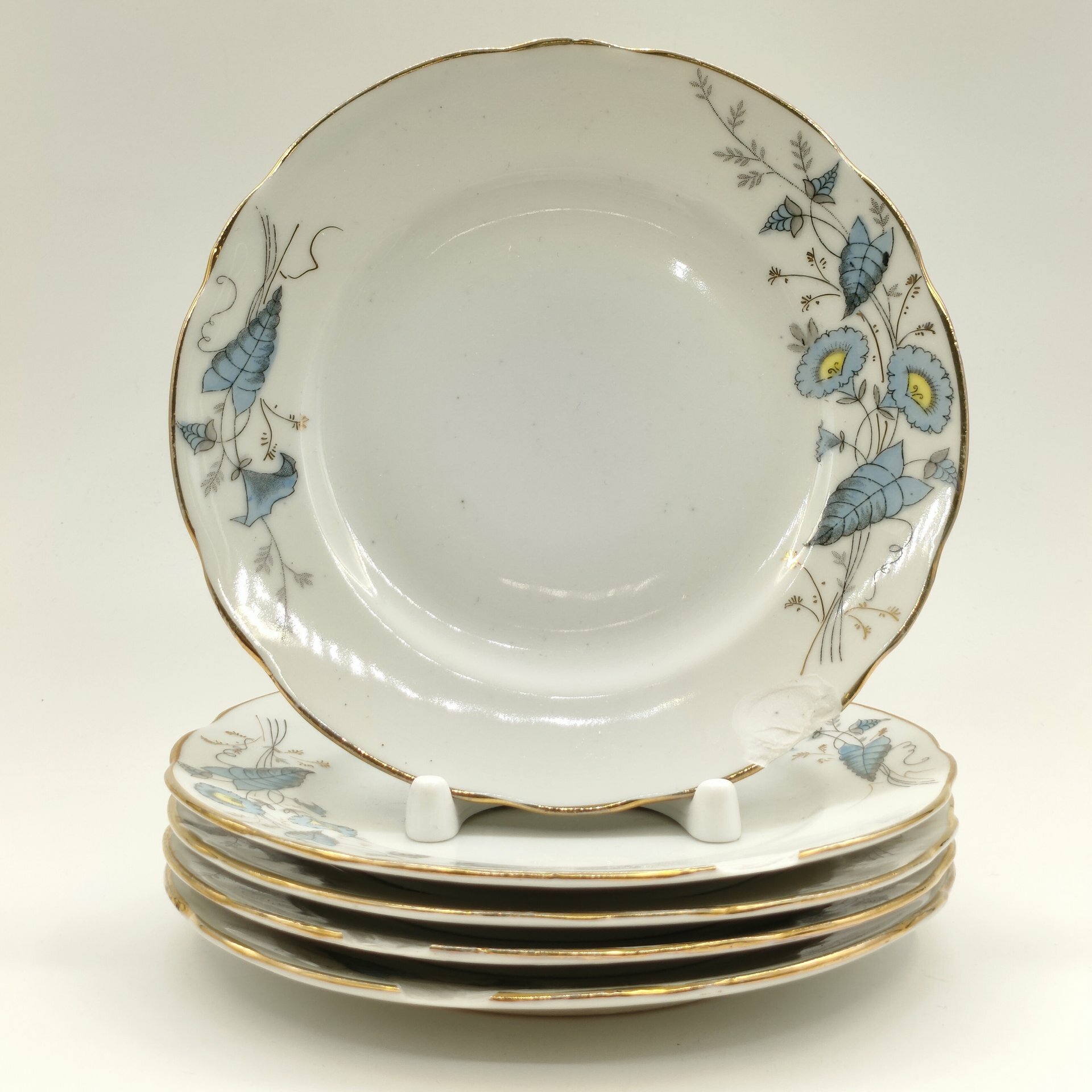 Набор из 5-ти десертных тарелок с цветочным декором, фарфор, деколь, золочение