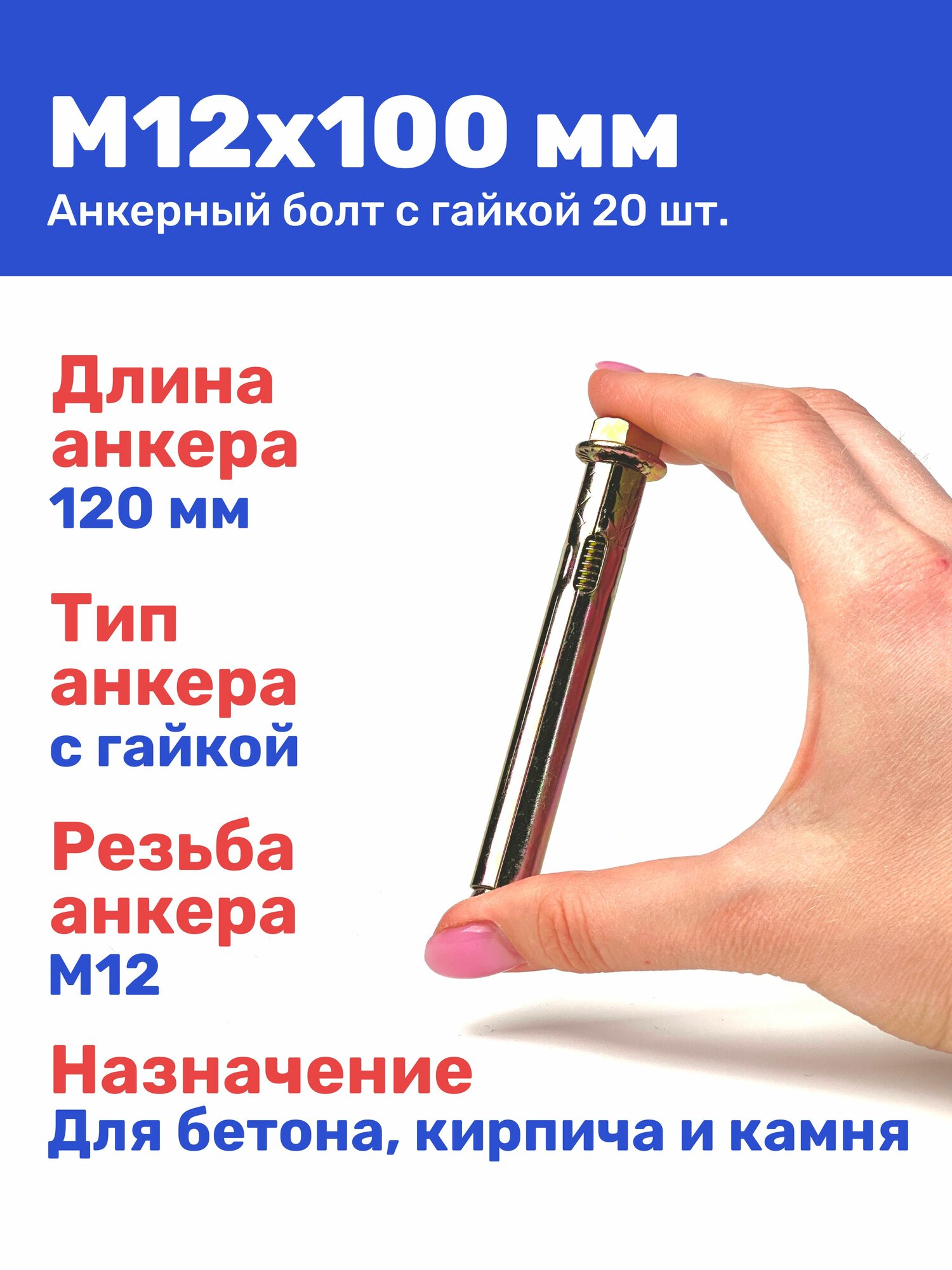 Анкерный болт с гайкой М12 x 100 20 штук