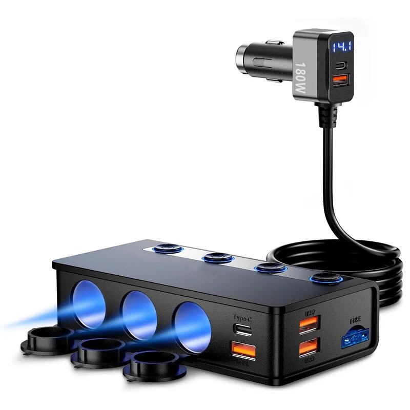 Сплиттер прикуривателя 180 Вт PD36W/65W QC3.0 18 Вт * 4 порта зарядки 3 розетки светодиодный адаптер супер автомобильного зарядного устройства 12 В/24 В, Черный