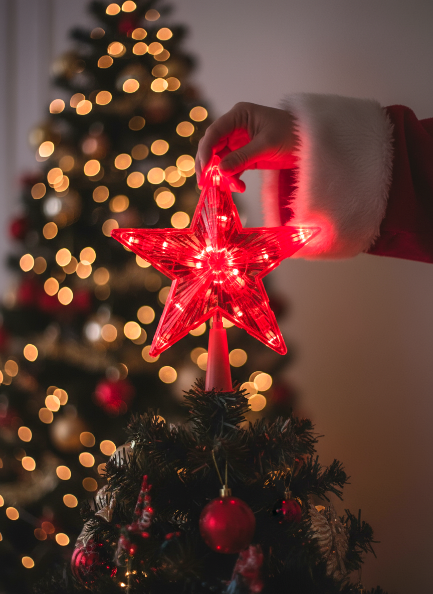 Наконечник на ёлку - Звезда светодиодная, 30 LED красная, красный корпус, 20 см х 20 см