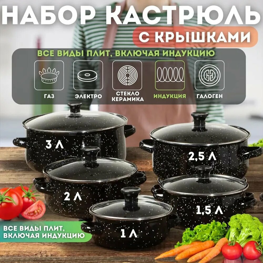 Кастрюля, Нержавеющая сталь, 1 л, 1,5 л, 2 л, 5 шт