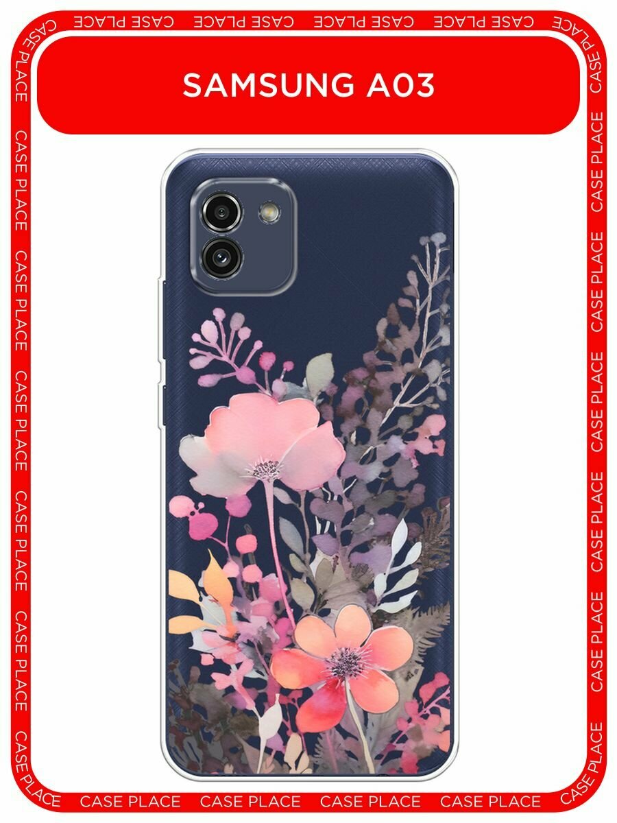 Чехол на Samsung Galaxy A03 / Самсунг Галакси А03 с принтом "Лиловые полевые цветы", прозрачный