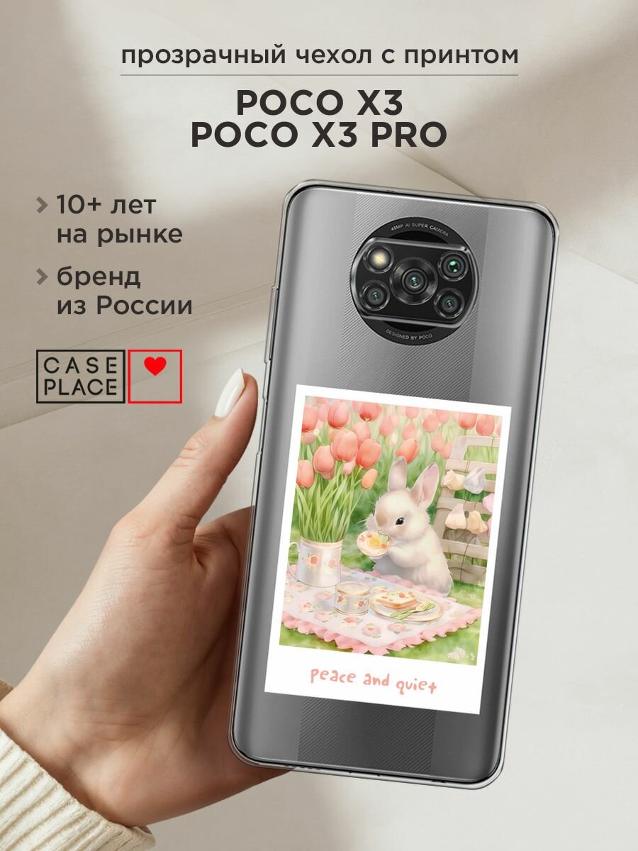 Чехол на Xiaomi Poco X3/X3 Pro / Поко X3/X3 Pro с принтом "Кролик на пикнике", прозрачный