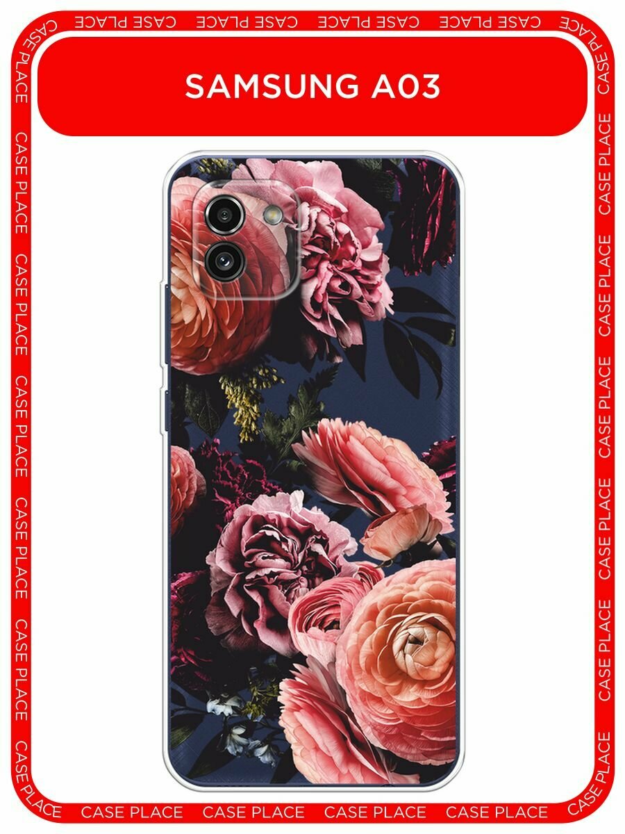 Чехол на Samsung Galaxy A03 / Самсунг Галакси А03 с принтом "Бордовые винтажные цветы", прозрачный