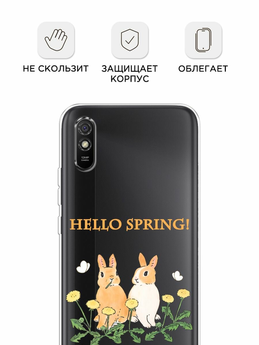 Чехол на Xiaomi Redmi 9A / Сяоми Редми 9А с принтом "Весенние кролики", прозрачный — фото 1