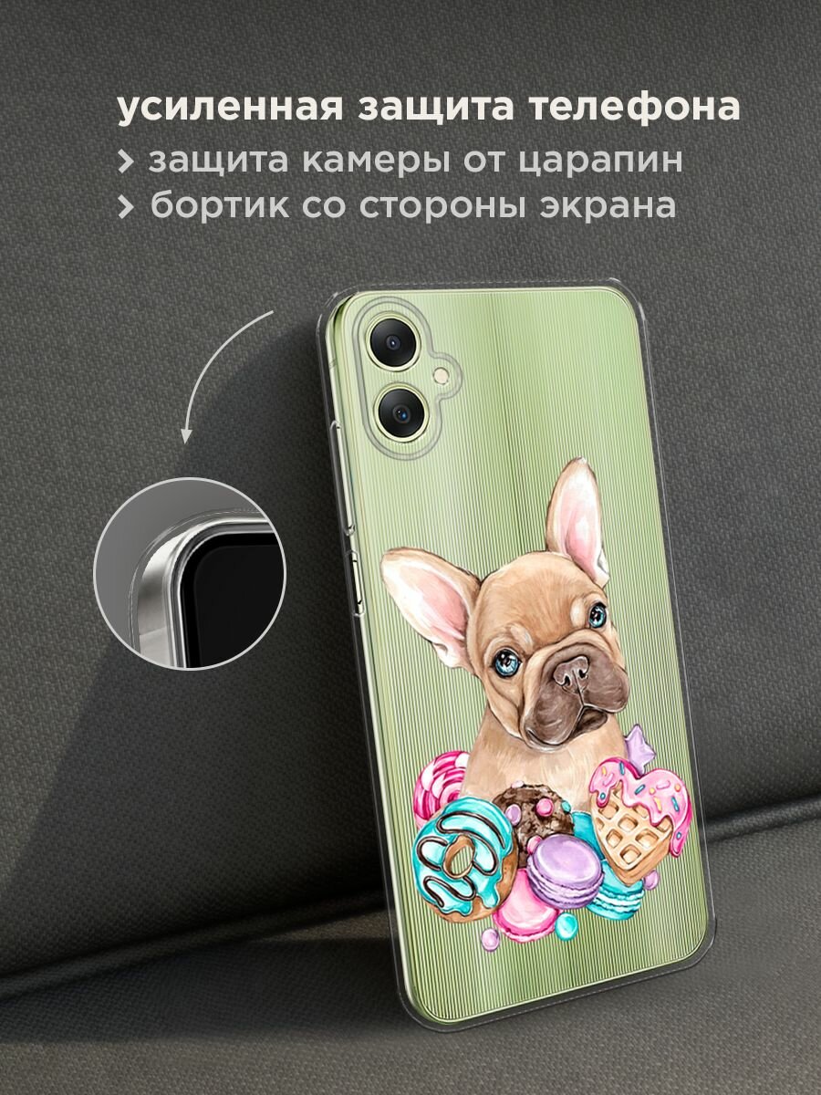 Чехол на Samsung Galaxy A06 / Самсунг Галакси А06 с принтом "Бульдог и сладости", прозрачный — фото 1