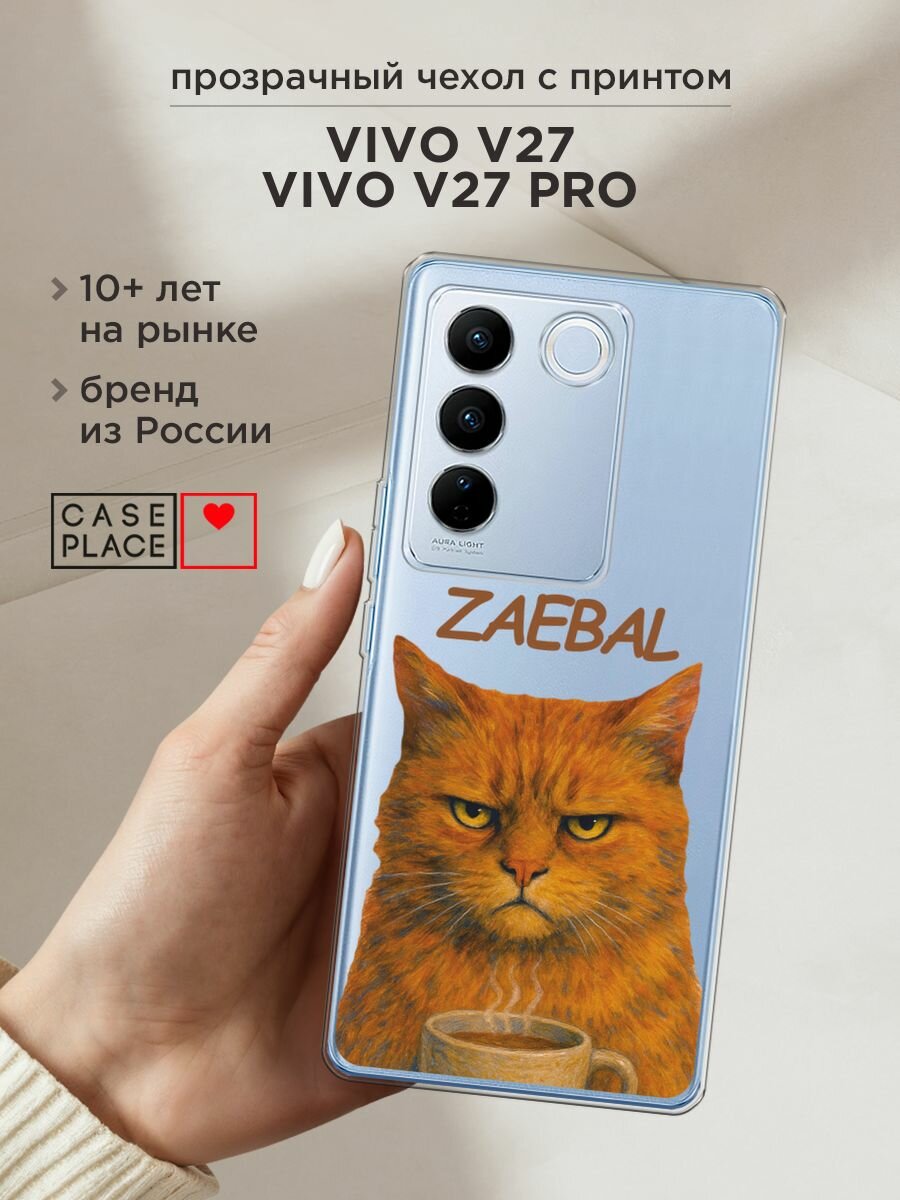 Чехол на Vivo V27/V27 Pro / Виво V27/V27 Про с принтом "Рыжий кот с надписью", прозрачный