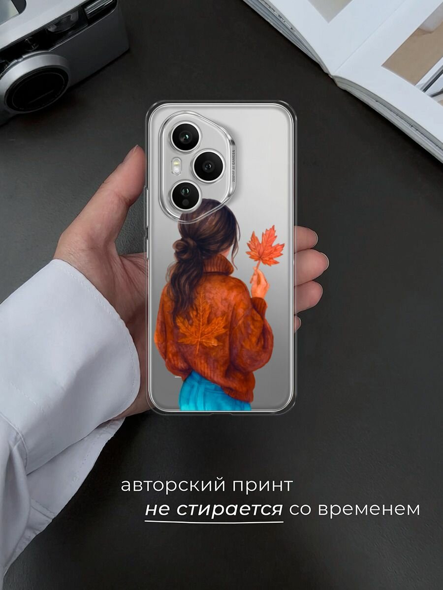 Чехол на Honor 400 Pro / Хонор 400 Про с принтом "Девушка с опавшим листом", прозрачный — фото 1