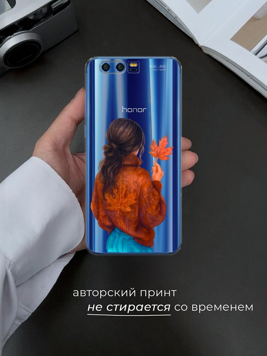 Чехол на Honor 9 / Хонор 9 с принтом "Девушка с опавшим листом", прозрачный — фото 1