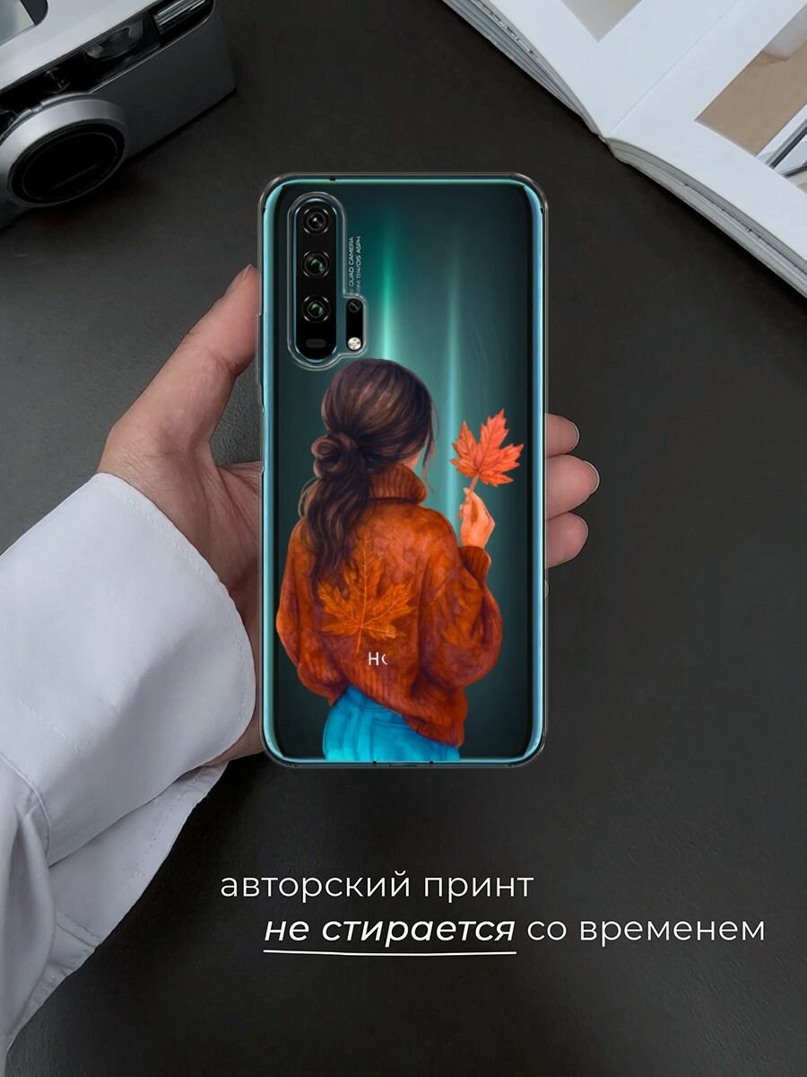 Чехол на Honor 20 Pro / Хонор 20 Про с принтом "Девушка с опавшим листом", прозрачный — фото 1