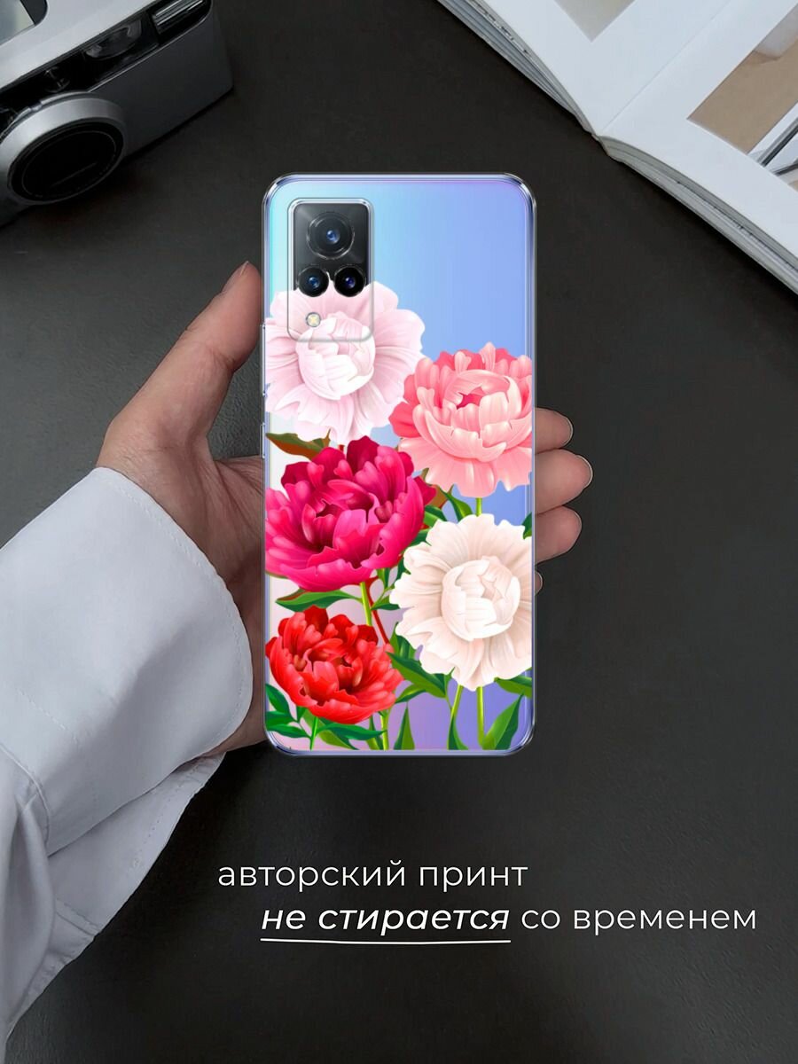 Чехол на Vivo V21 / Виво V21 с принтом "Большие пионы", прозрачный — фото 1