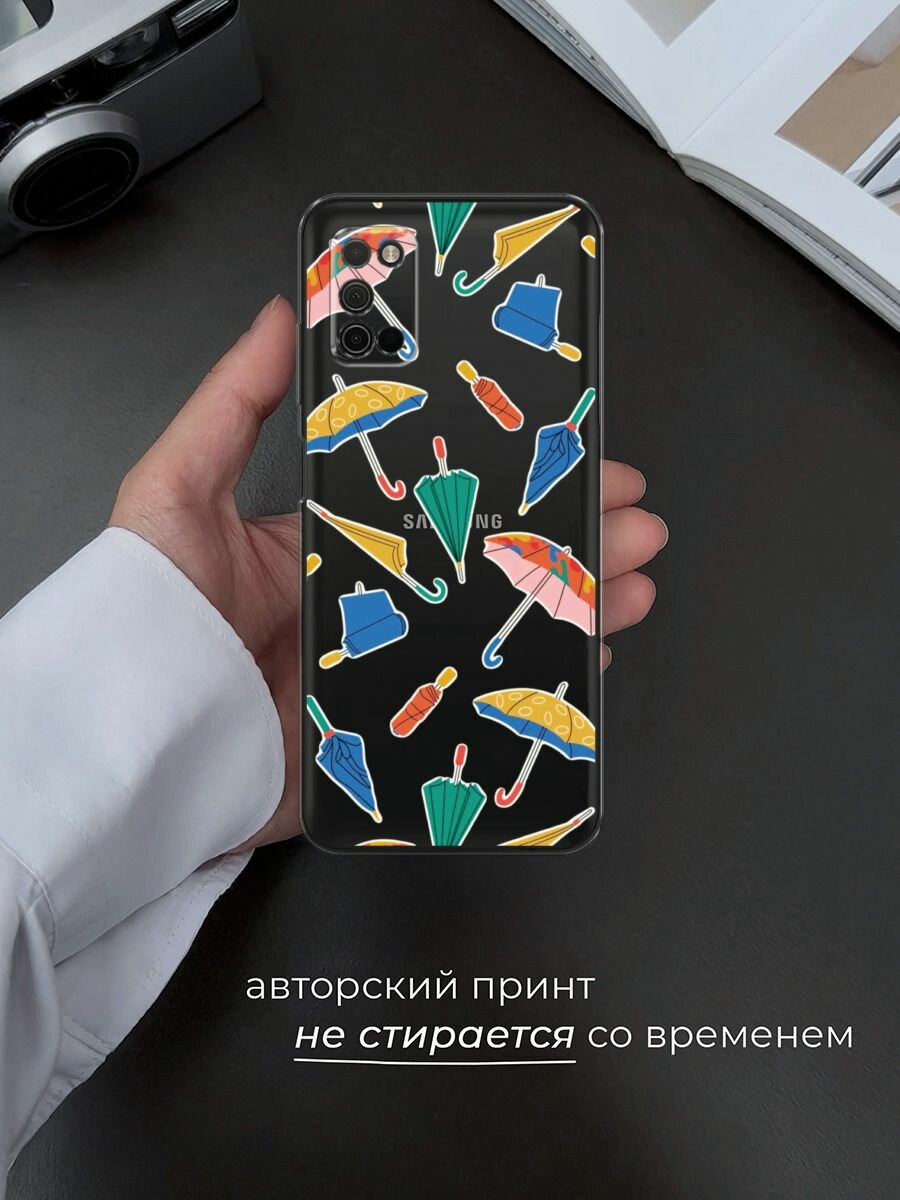 Чехол на Samsung Galaxy A03S / Самсунг Галакси A03S с принтом "Зонты паттерн", прозрачный — фото 1