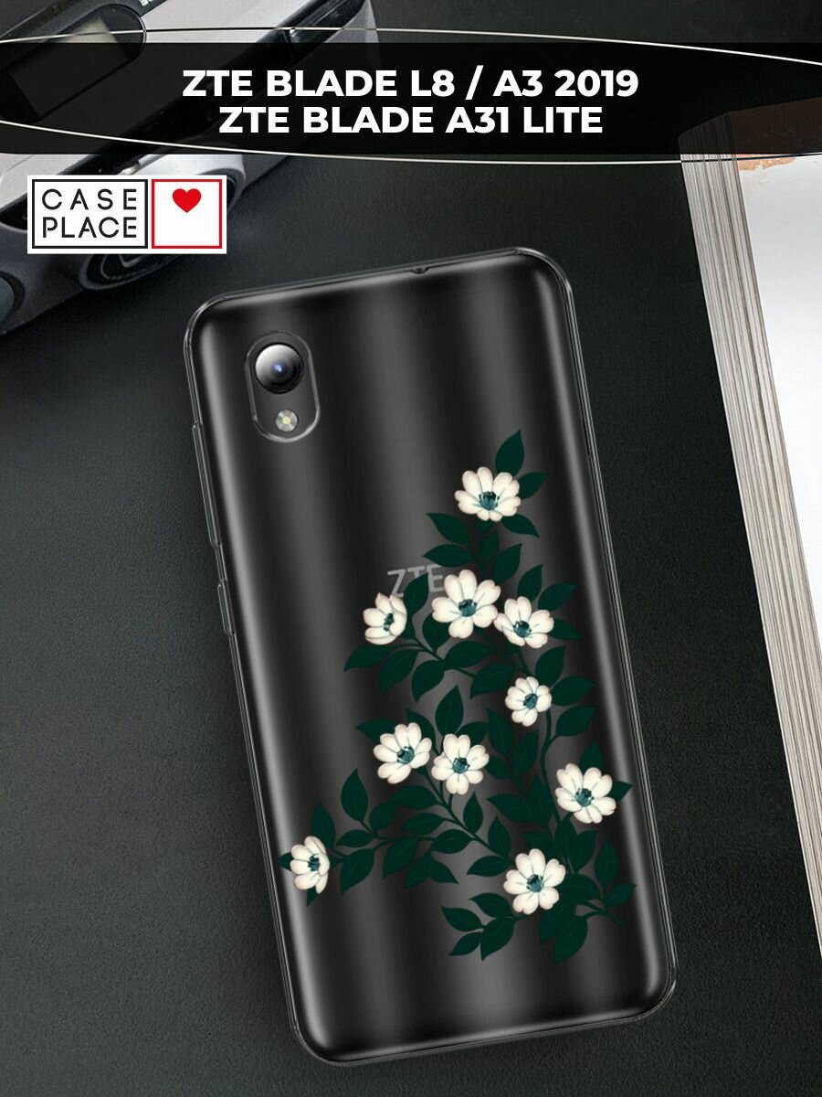 Чехол на ZTE Blade L8/A3 (2019)/A31 lite / ЗТЕ Блэйд L8/A3/A31 Лайт с принтом "Цветы с черными листьями"