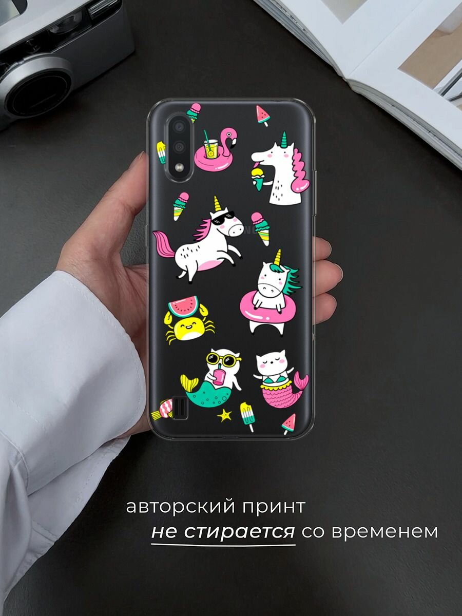 Чехол на Samsung Galaxy A01 / Самсунг Гэлакси А01 с принтом "Единороги в отпуске", прозрачный — фото 1