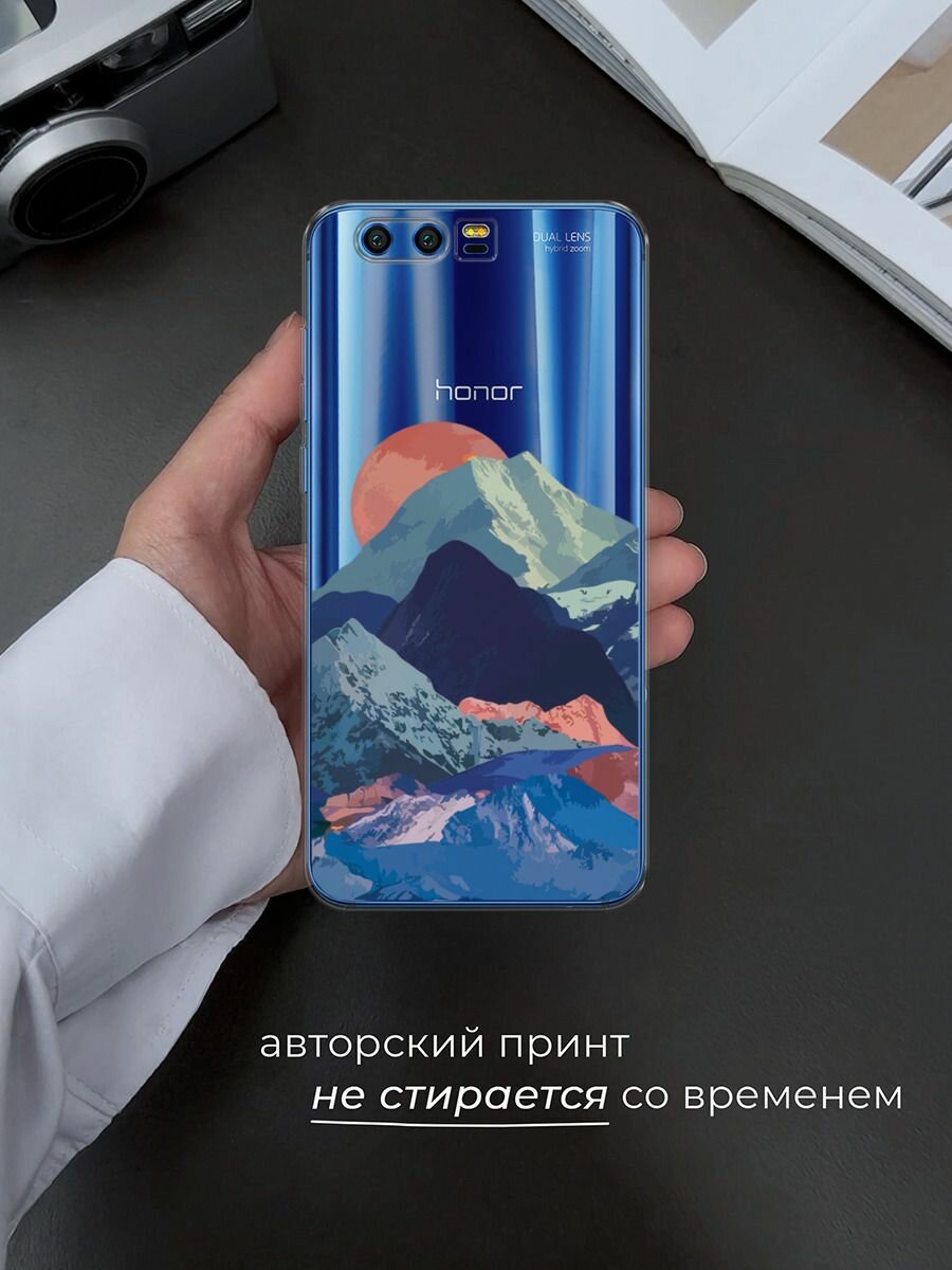 Чехол на Honor 9 / Хонор 9 с принтом "Закат в снежных горах", прозрачный — фото 1
