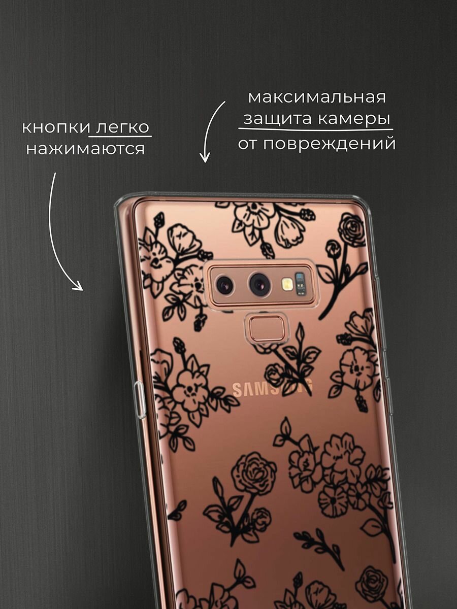 Чехол на Samsung Galaxy Note 9 / Самсунг Галакси Нот 9 с принтом "Черные розы паттерн", прозрачный — фото 1