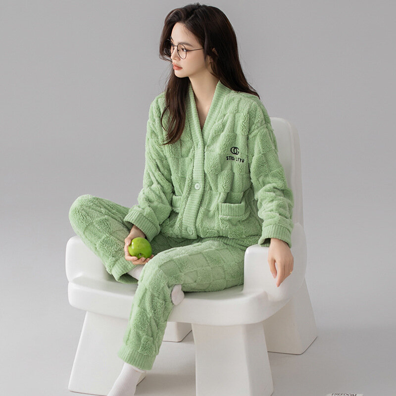 Простая женская пижама из кораллового флиса, осенне-зимний плотный фланелевый костюм, женская домашняя одежда на весну и осень, weight,40-50kg