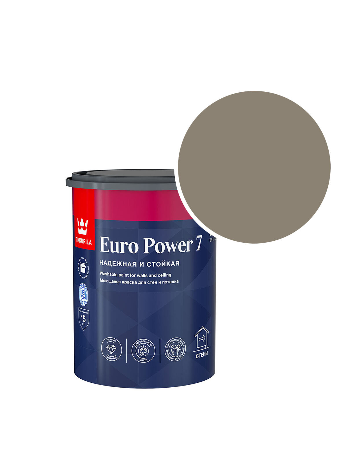 Краска моющаяся Tikkurila/Tikkivala Euro Power 7 RAL 7002 (Оливково-серый - Olive grey) 0,9 л