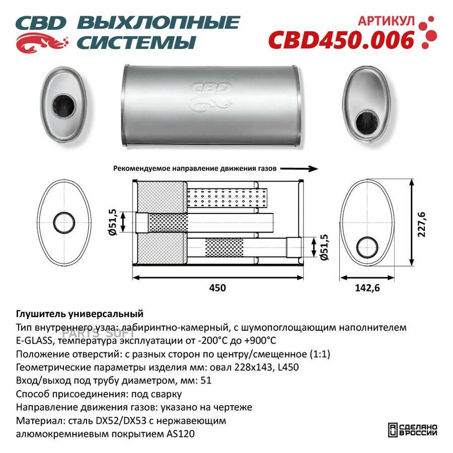 Глушитель. Нержавеющий. Овал D228*143, L450 под трубу 51мм. от официального дистрибьютора, CBD, артикул CBD450006