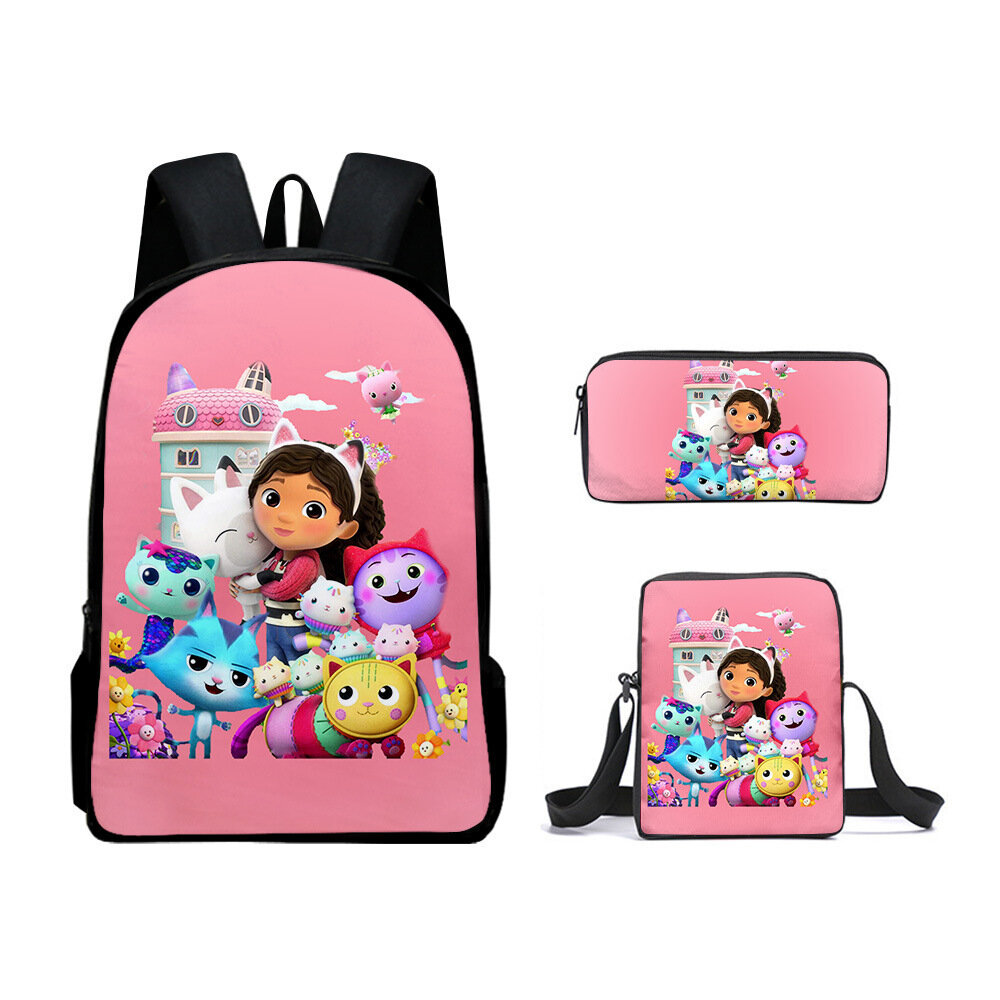 Оптовая продажа, школьная сумка Gabby's Dollhouse, студенческий рюкзак, пенал, три предмета