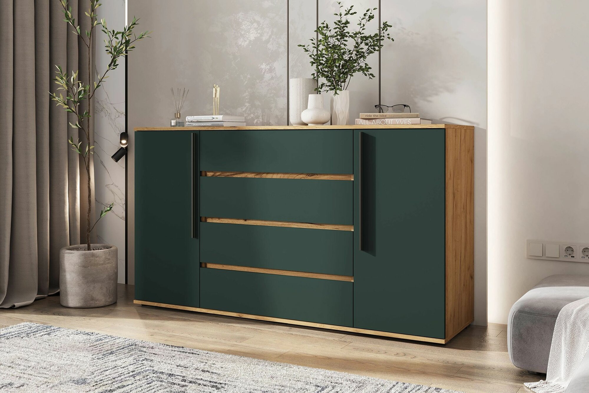 Комод Норд 2 двери 4 ящика 1600 Изумрудный/Дуб Крафт