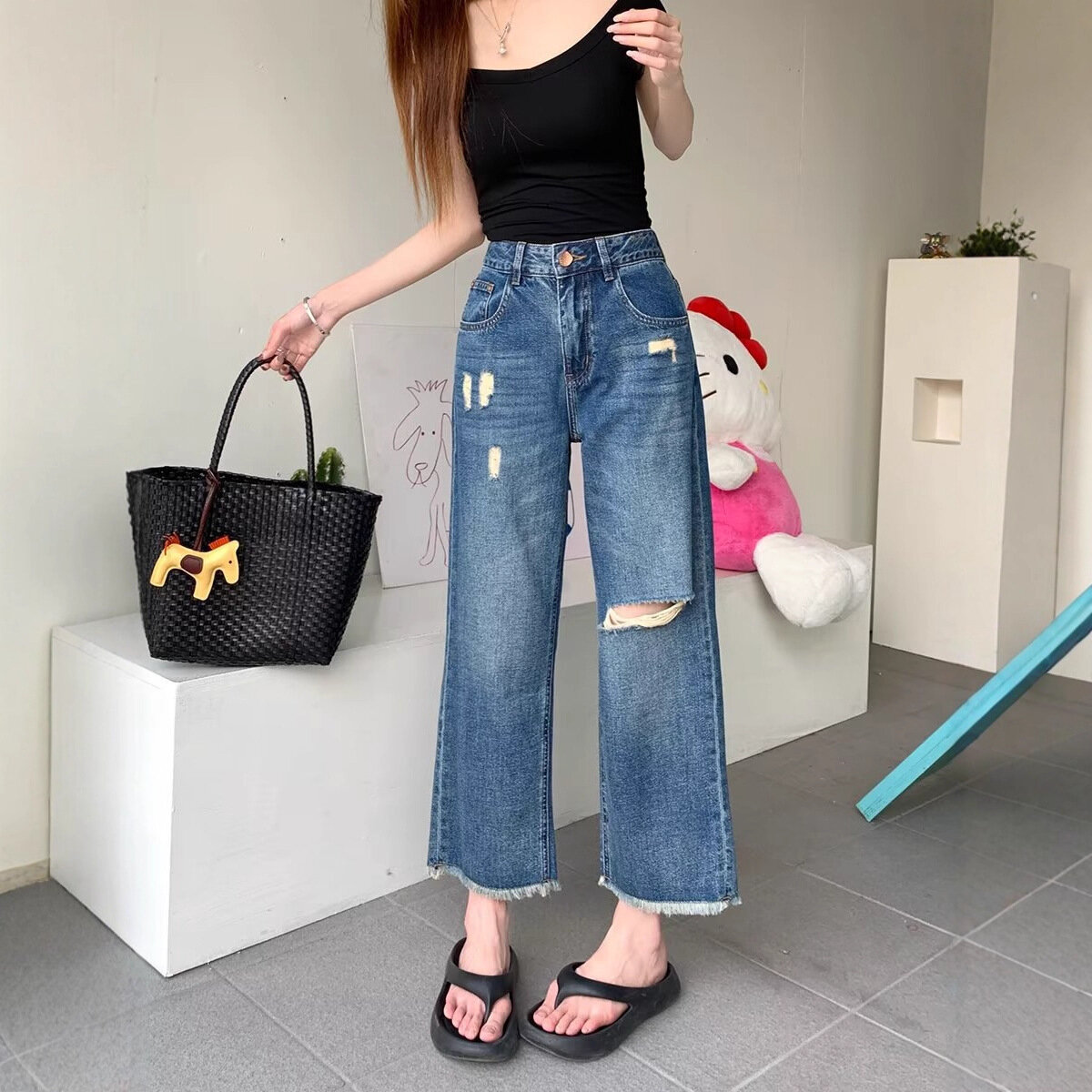 Женские джинсы LI Mall Синяя рваные прямые — летние новинки плюс размер высокоходные девятиточечные штаны, Размер_