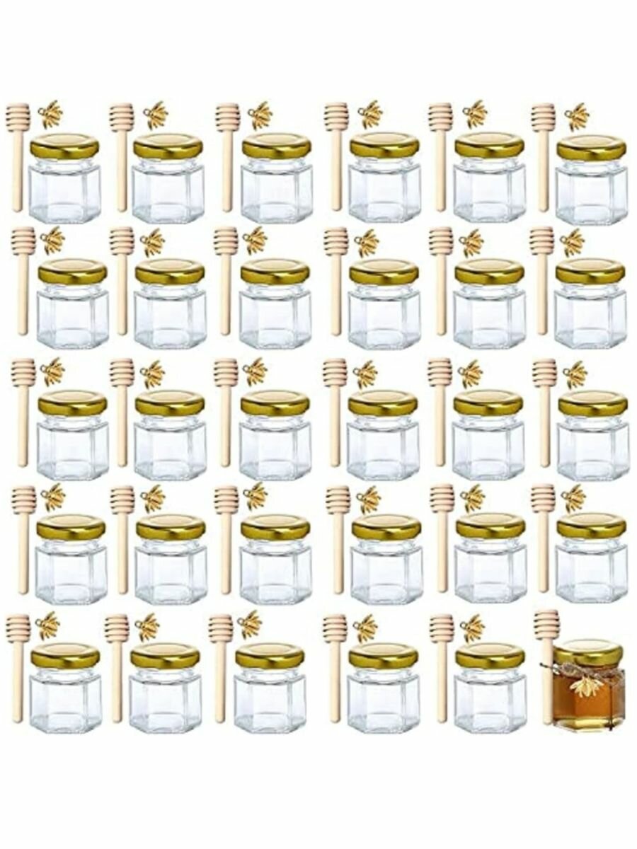 30 шт Мини-прозрачная стеклянная банка для меда поставляется с ложкой для меда, золотой крышкой, подвеской в виде пчелы и джутом.